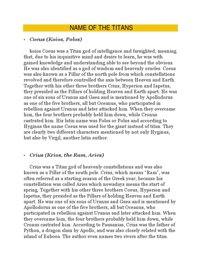 Name of The Titans: Coeus (Koios, Polos) | PDF | Zeus | Twelve Olympians