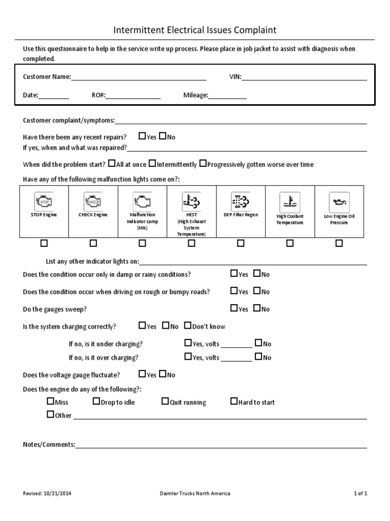 Intermittent Electrical Issues Questionnaire | PDF