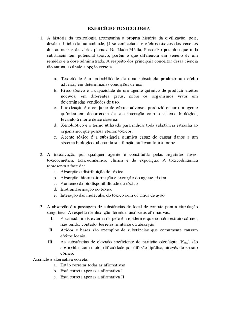 Exercício de Revisão AV1 | PDF | Toxicidade | Toxicologia