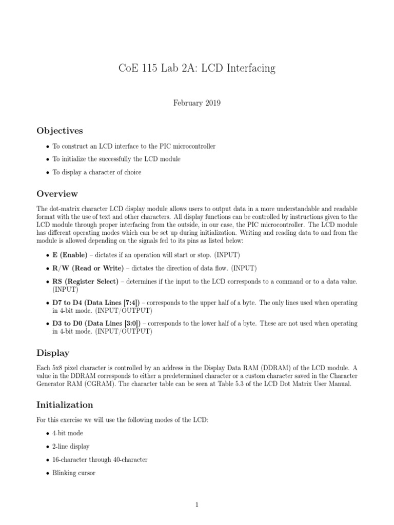 CoE 115 Lab 2A | PDF | Input/Output | Liquid Crystal Display