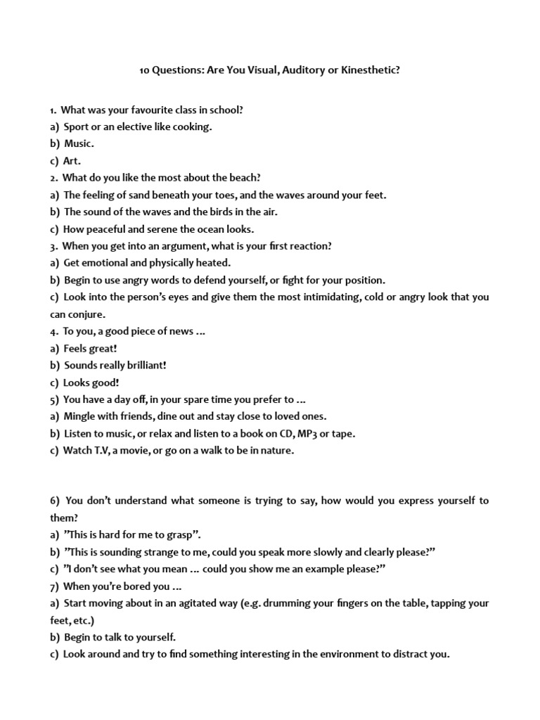 10 Questions: Are You Visual, Auditory or Kinesthetic? | PDF ...