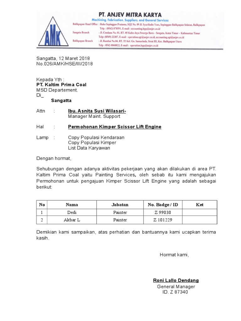 Surat Permohonan Pengajuan Kimper Scissor Lift | PDF