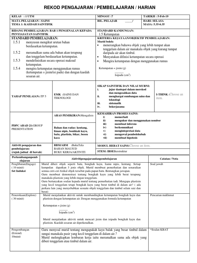 RPH IBSE T1 Ketumpatan New | PDF