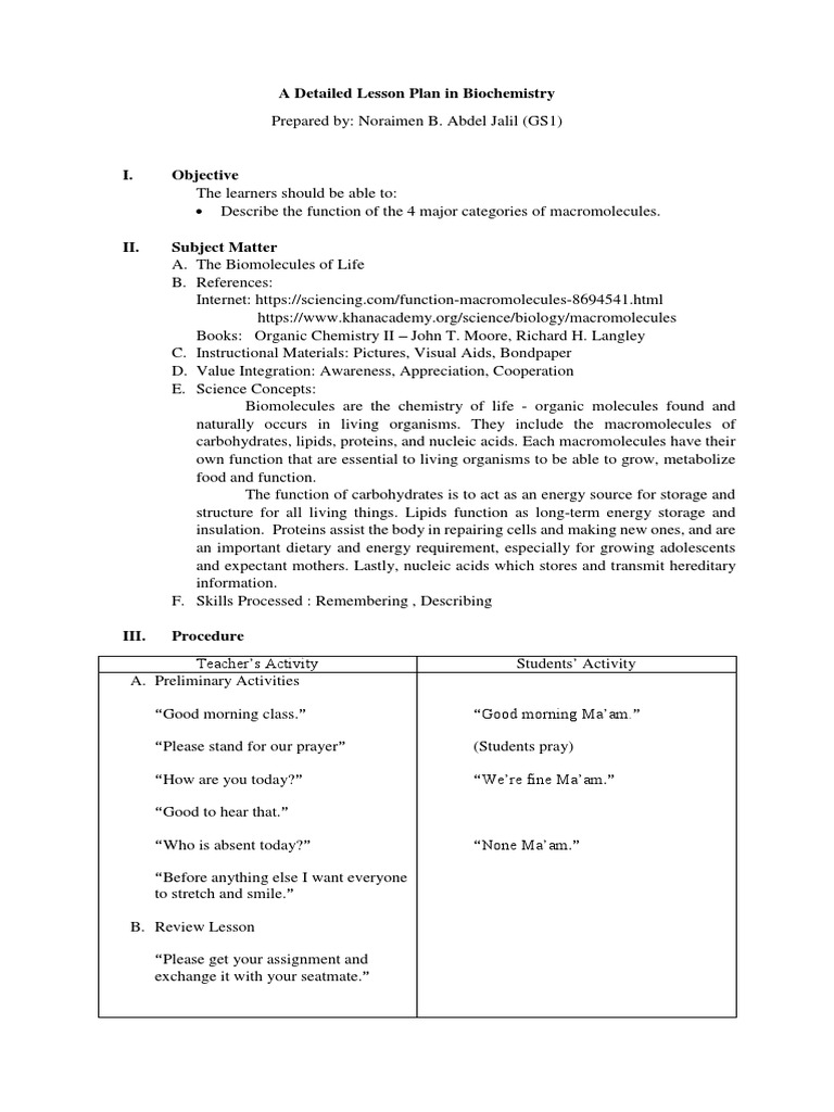 Biochemistry Lesson Plan on Biomolecules | PDF | Biomolecules ...
