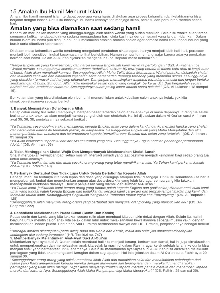 15 Amalan Ibu Hamil Menurut Islam | PDF