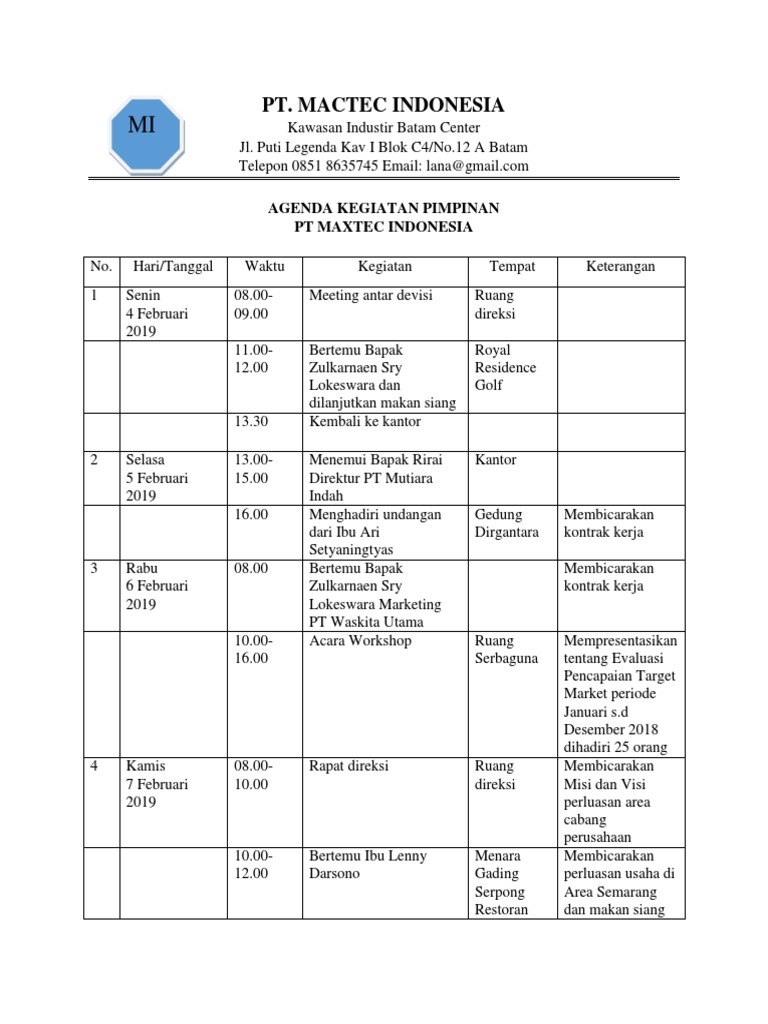 Agenda Kegiatan Pimpinan | PDF
