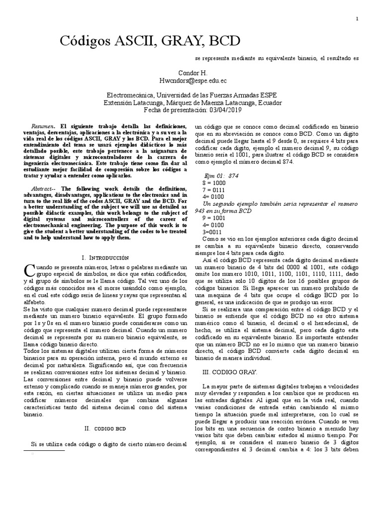 Primera Consulta, Codigos Ascii, Gray, BCD | PDF | Decimal codificado ...