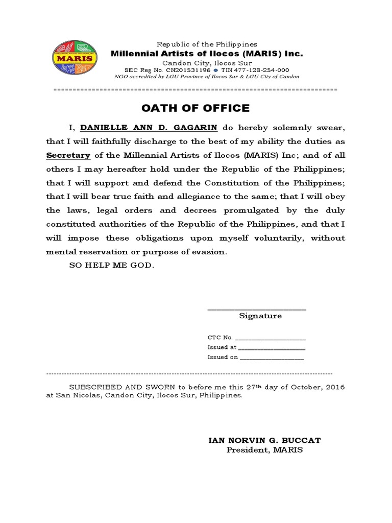 Oath of Office: Millennial Artists of Ilocos (MARIS) Inc | PDF | Oath ...