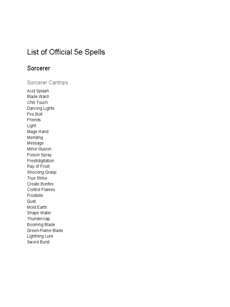Official 5e Spell List Overview | PDF | Nature