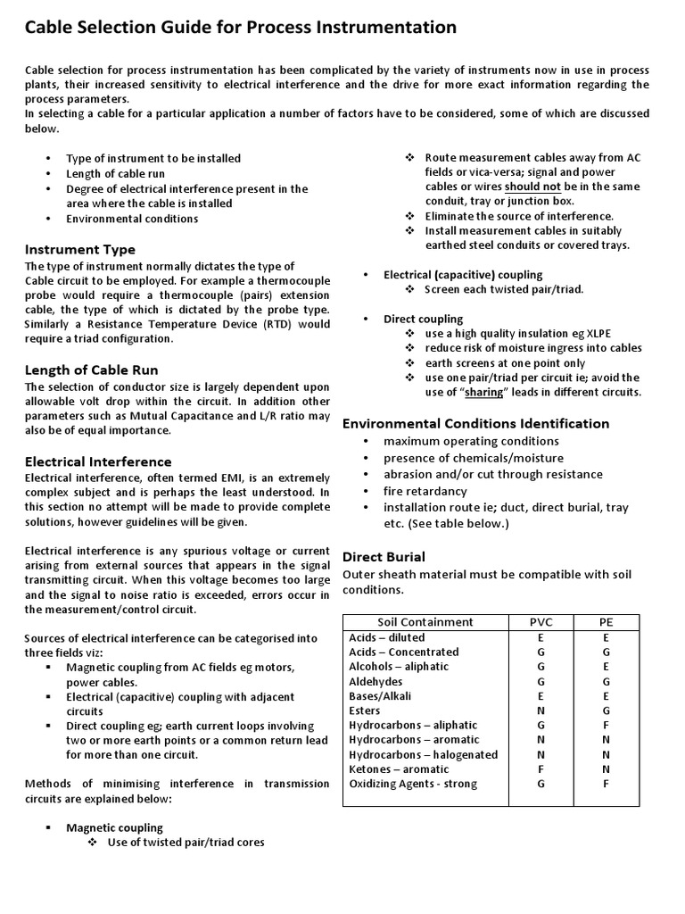 Cable Selection Guide For Process Instrumentation | PDF | Thermocouple ...
