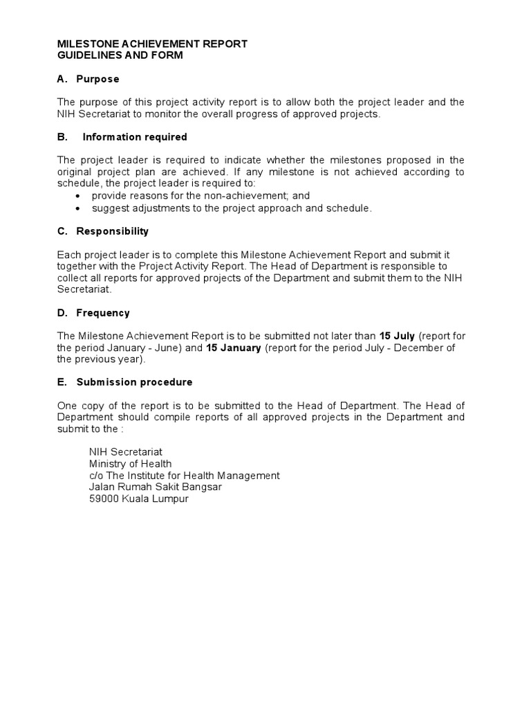 Milestone Achievement Report Guidelines and Form A. Purpose | PDF ...