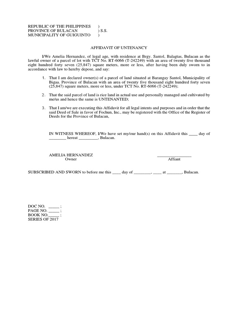 Affidavit of Non Tenancy | PDF | Affidavit | Real Estate Law