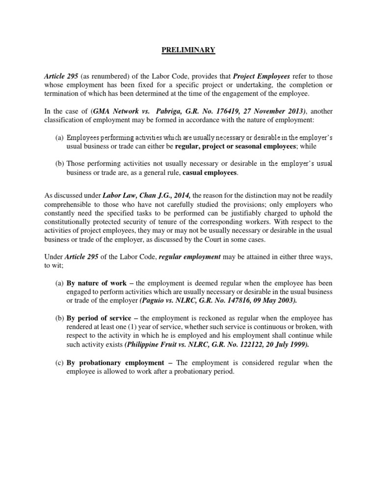 Article 295 (As Renumbered) of The Labor Code, Provides That Project ...