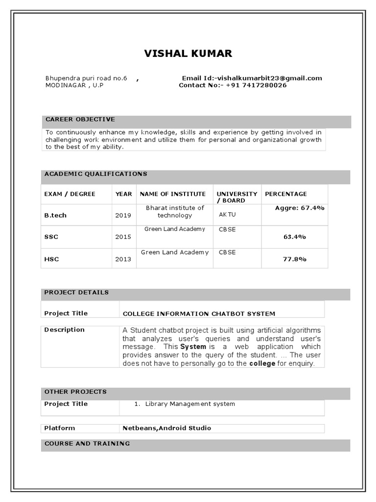 Fresher BTech IT Resume in Word | PDF | Software | Communication