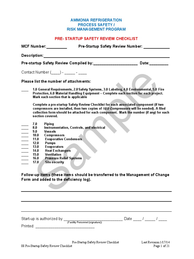 08 Pre-startup Safety Review Checklist | Pump | Hvac