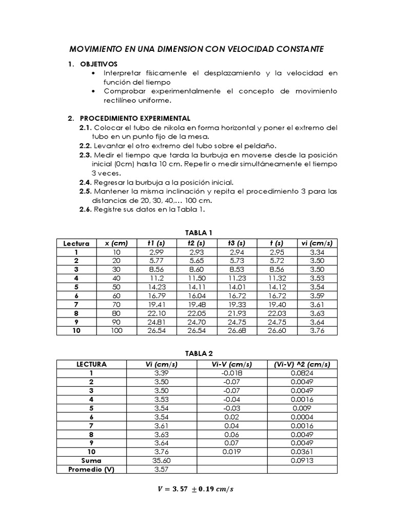 MOVIMIENTO EN UNA DIMENSION CON VELOCIDAD CONSTANTE.docx | Velocidad | Movimiento (física)