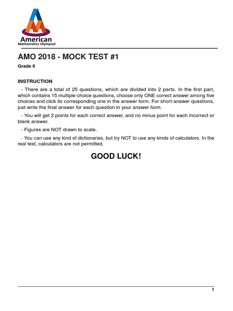 AMO Mock Test #1 - Grade 6 | PDF | Multiple Choice | Elementary Mathematics