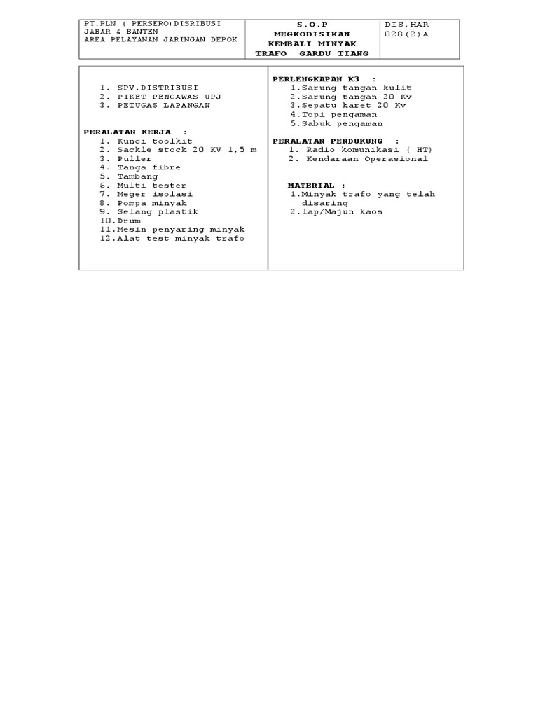 Sop Pemeliharaan Minyak Trafo Gardu Tiang | PDF
