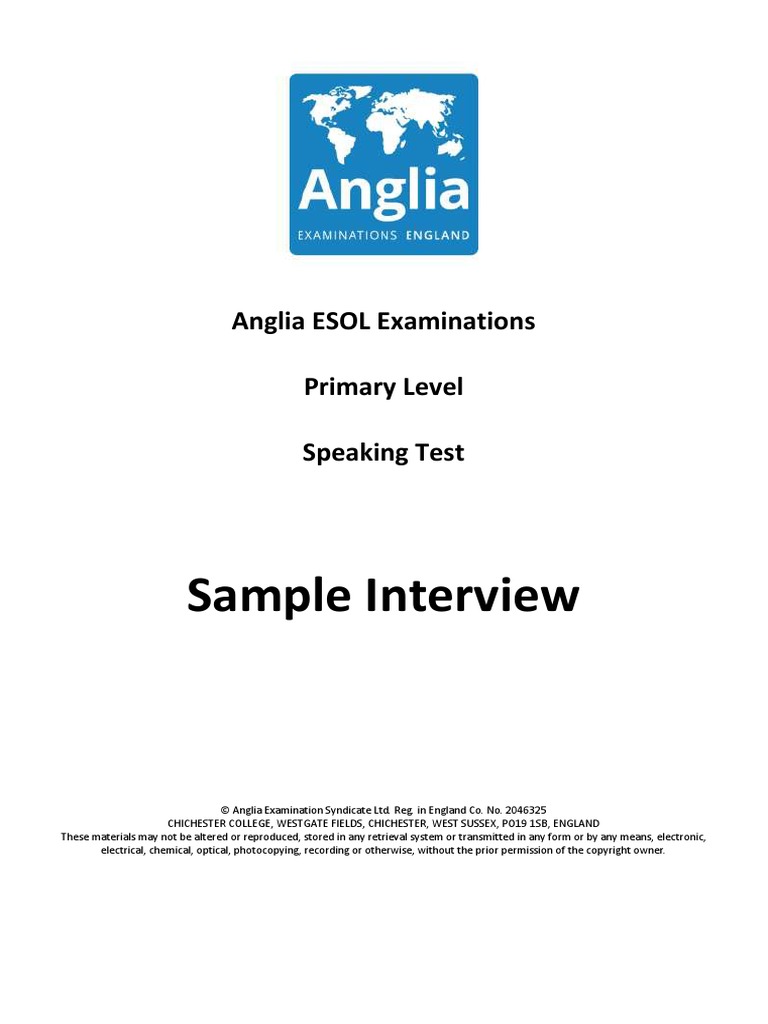 Sample Interview: Anglia ESOL Examinations Primary Level Speaking Test ...