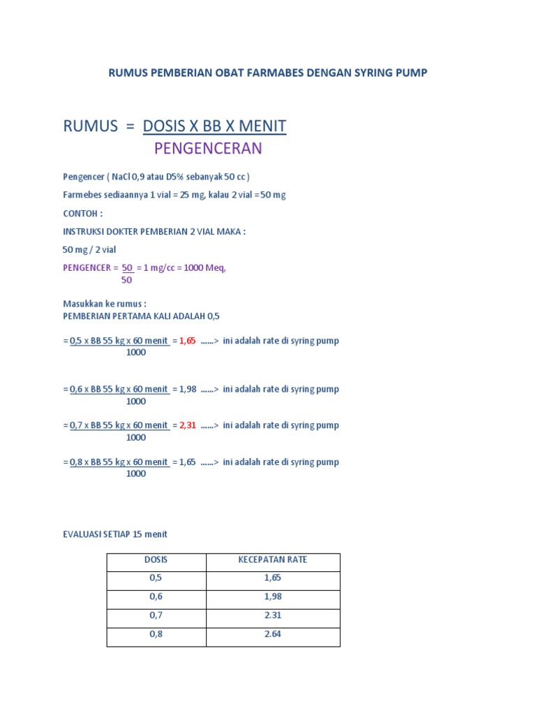 Rumus Pemberian Obat Farmabes Dengan Syring Pump | PDF
