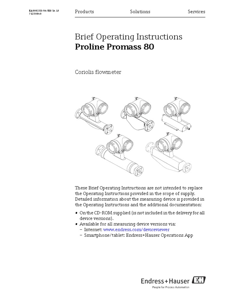 Brief Operating Instructions Proline Promass 80: Coriolis Flowmeter ...