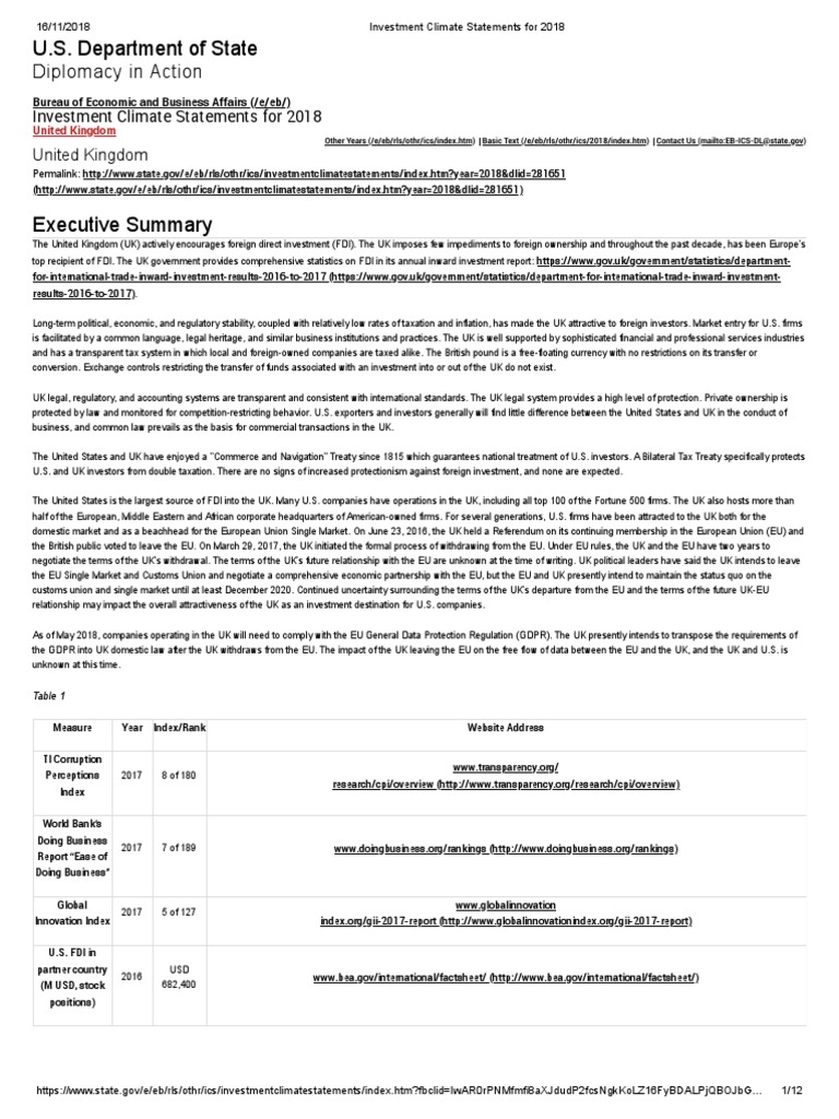 UK Investment Climate Statements For 2018 | PDF | Bankruptcy | Arbitration