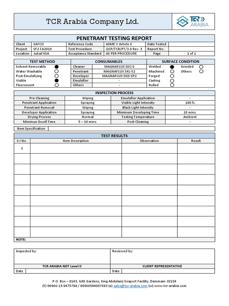 TCR Arabia Company LTD.: Penetrant Testing Report | PDF