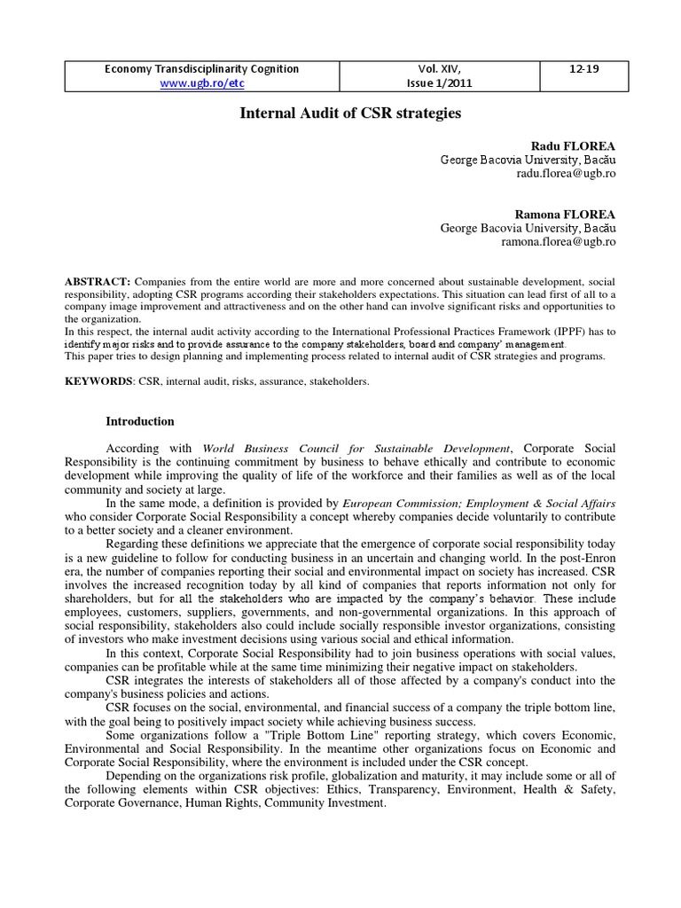 Internal Audit of CSR Strategies: Radu Florea | PDF | Corporate Social ...