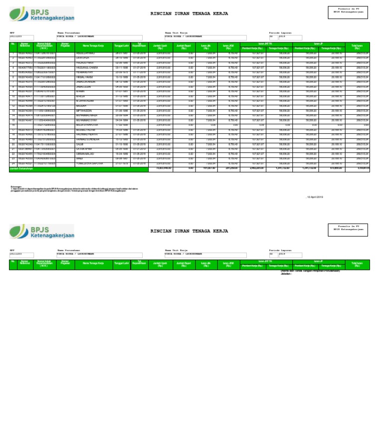 Rincian Iuran Tenaga Kerja: Formulir 2a PU BPJS Ketenagakerjaan | PDF