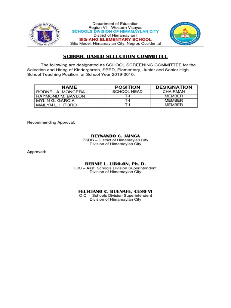 School Based Selection Committee | PDF | Schools