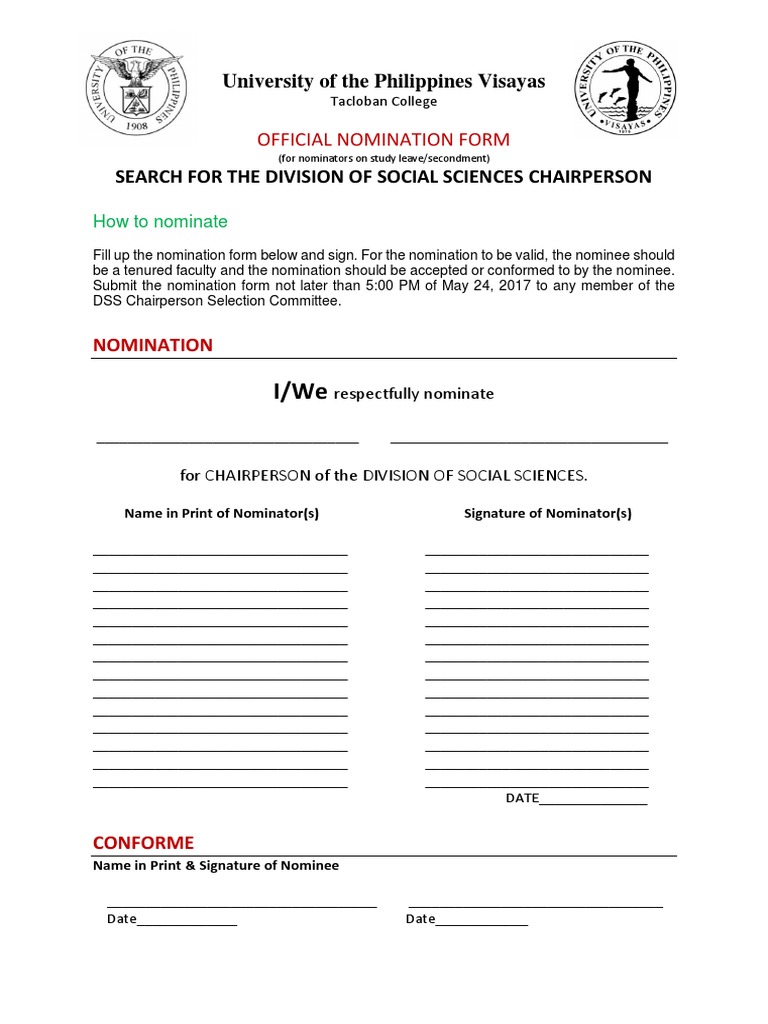 UP Tacloban nomination form DSS chairperson | PDF