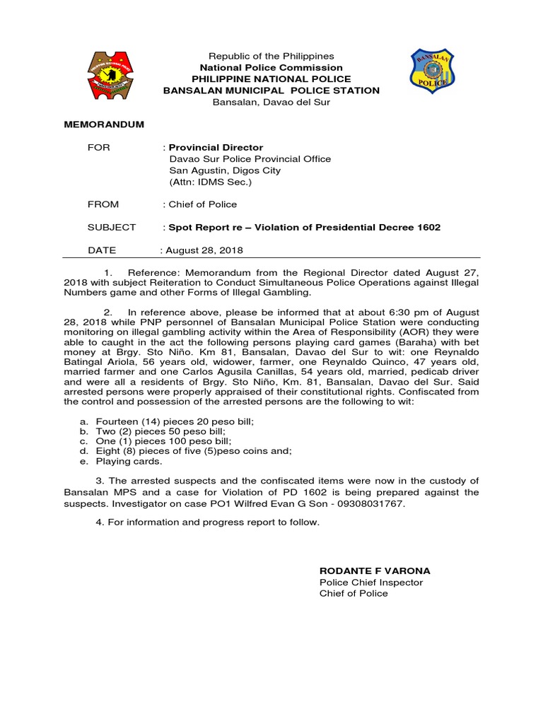 Spot Report PD 1602 | PDF | Law Enforcement | Crime & Violence