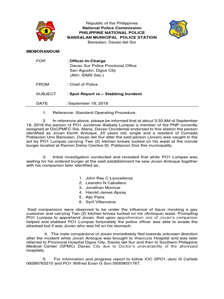 Spot Report Re Stabbing Incident | PDF | Public Safety | Public Services