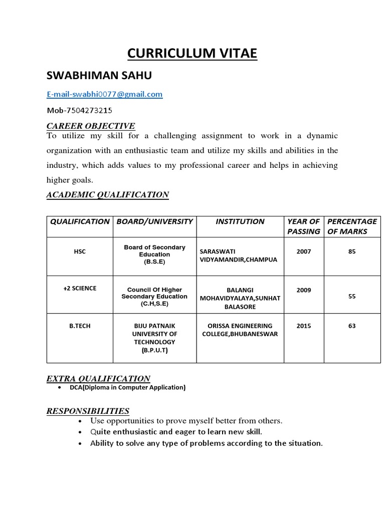 Curriculum Vitae: Swabhiman Sahu | PDF | Psychotherapy | Change