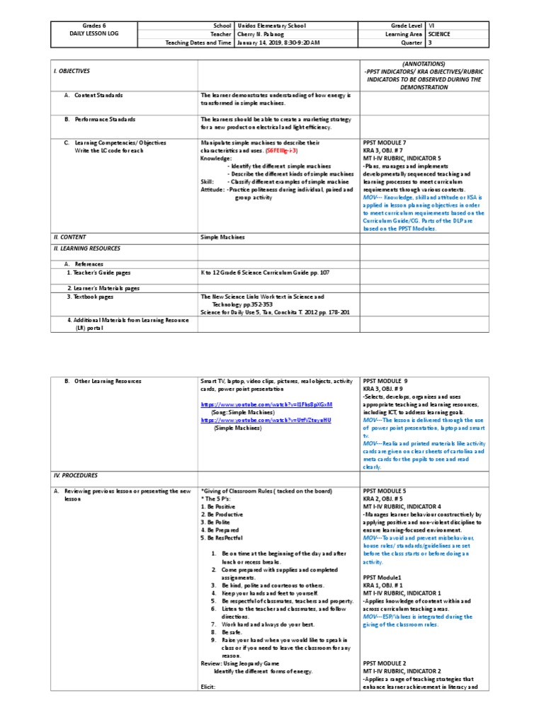 Cot DLP Science 6-Simple Machines With Annotations | PDF | Teachers ...