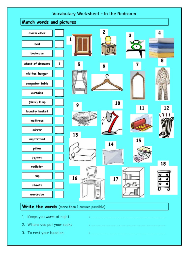 Vocabulary Matching Worksheet in The Bedroom Fun Activities Games ...