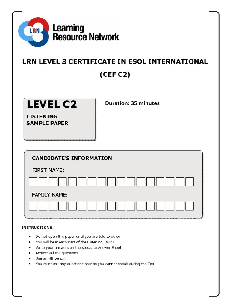 LRN LEVEL 3 CERTIFICATE IN ESOL INTERNATIONAL (CEF C2) - Sample - Paper ...