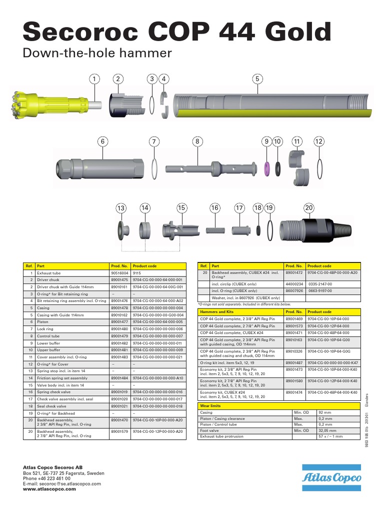 COP 44 Gold DTH Hammer Specifications | PDF | Valve | Engines