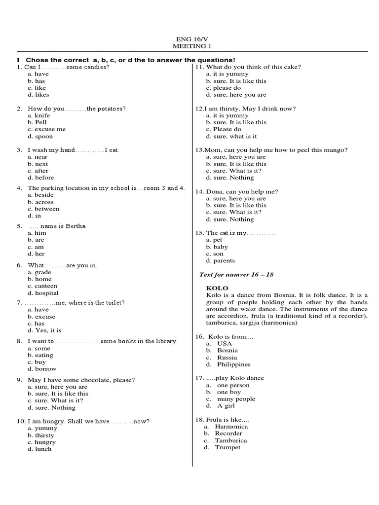 Practice English Test with Answer Key | PDF | Lunch | Food And Drink