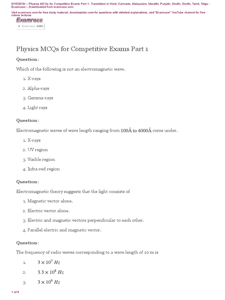 Physics MCQs Part 1 | PDF | Electromagnetic Radiation | Waves