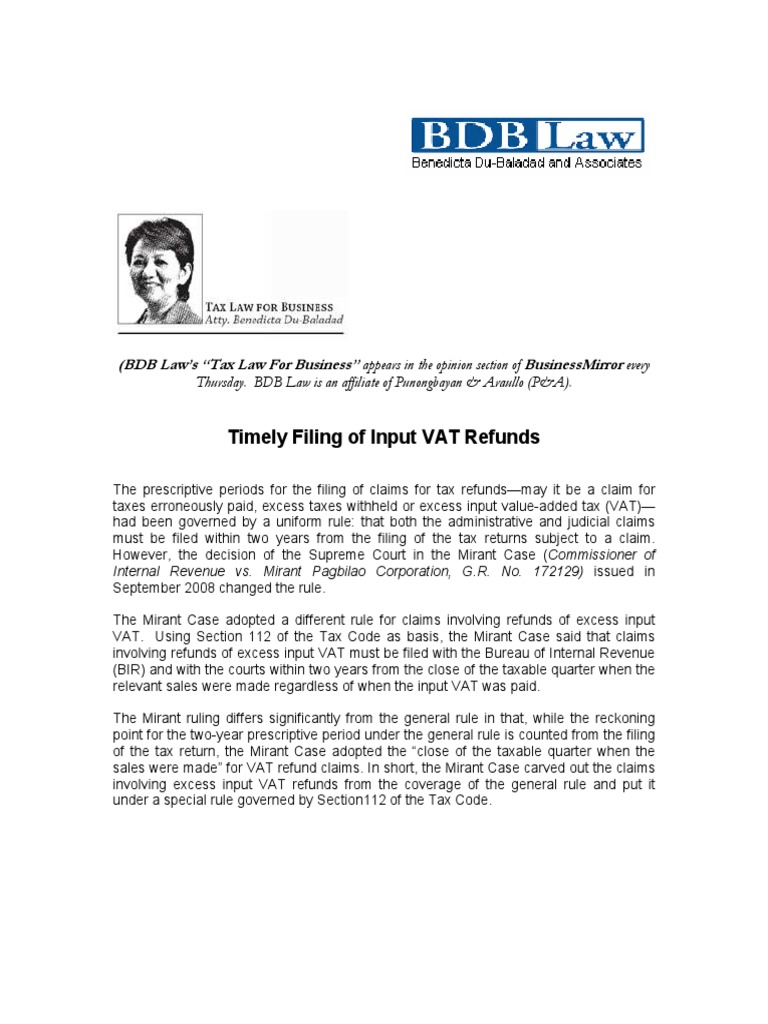 Timely Filing of Input Vat Refunds: (BDB Law'S "Tax Law For Business ...