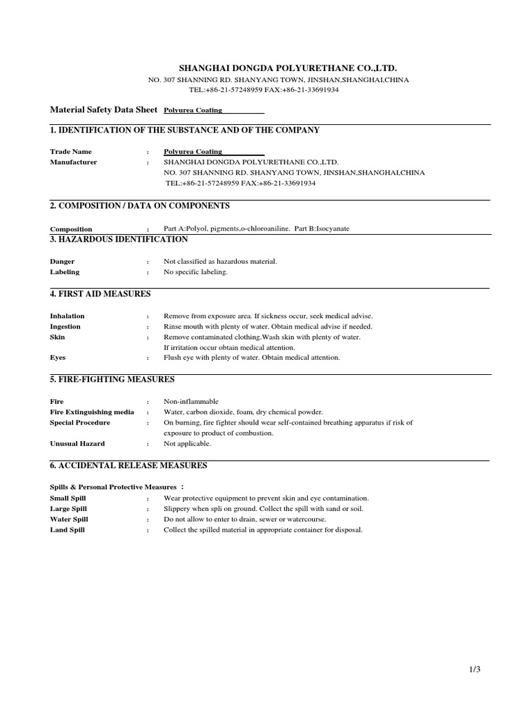 MSDS Polyurea Coating | PDF | Dangerous Goods | Polyurethane