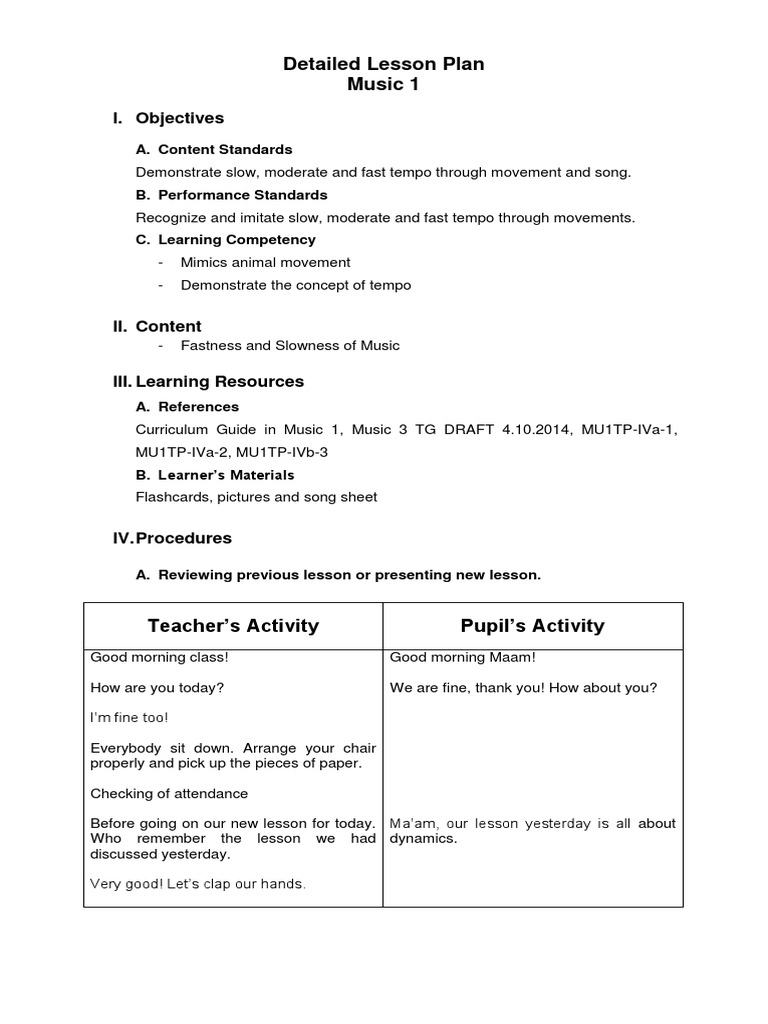 Detailed Lesson Plan Music 1 | PDF | Tempo | Horse Gait