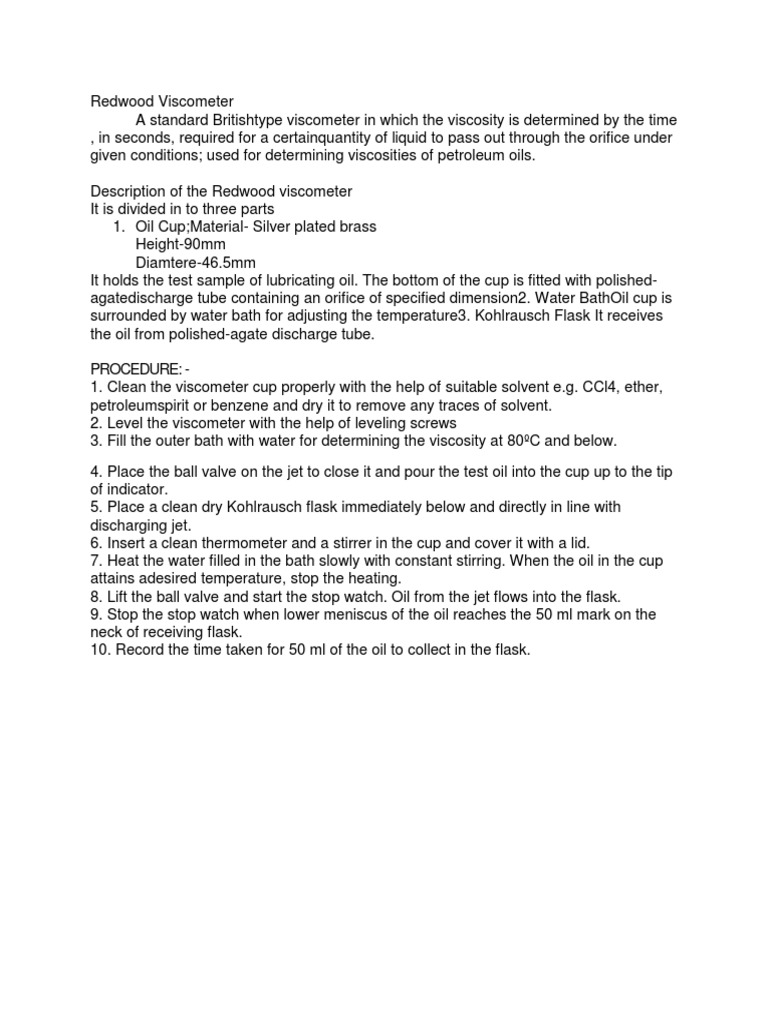 Redwood Viscometer | PDF | Viscosity | Chemical Engineering