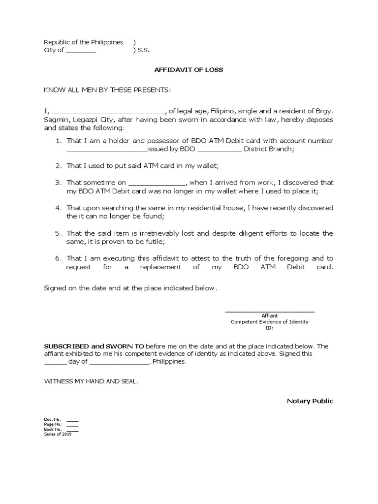 Affidavit of Loss: Republic of The Philippines) City of - ) S.S | PDF