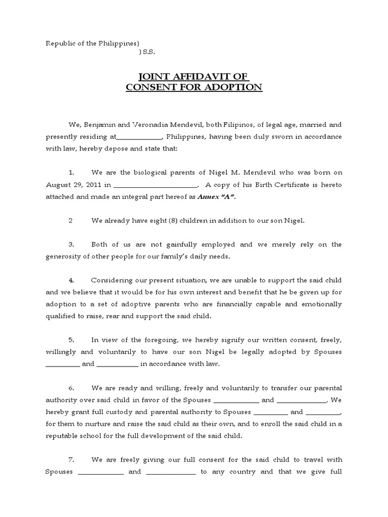 Affidavit of Intent and Consent to Adoption of Child | Affidavit | Adoption