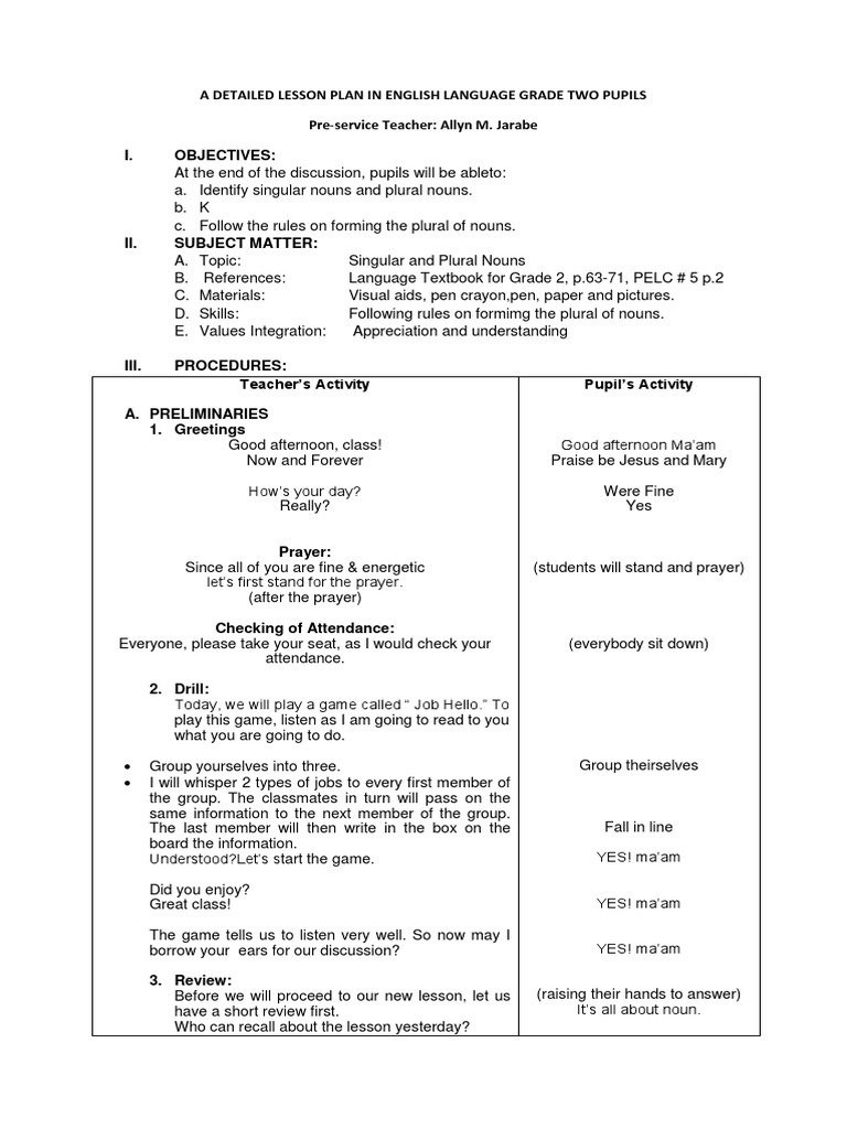A Detailed Lesson Plan in English Language Grade Two Pupils | PDF ...