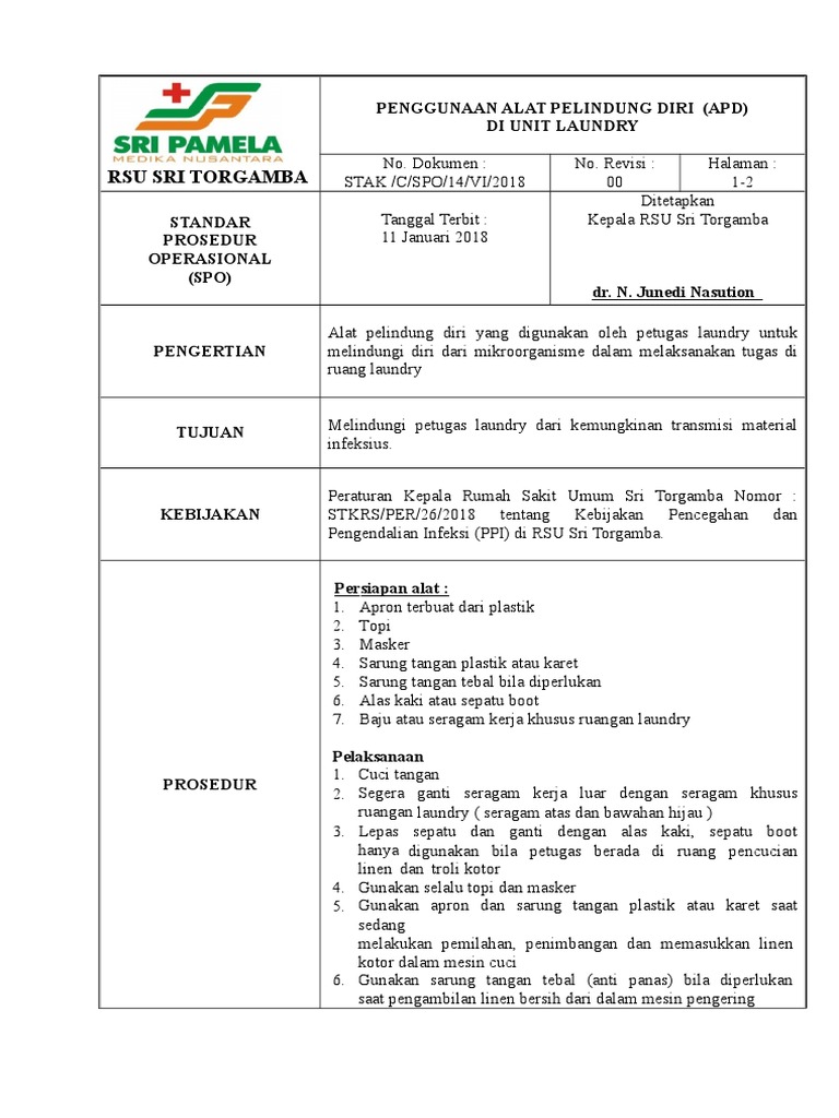 Spo Penggunaan Apd Di Laundry | PDF