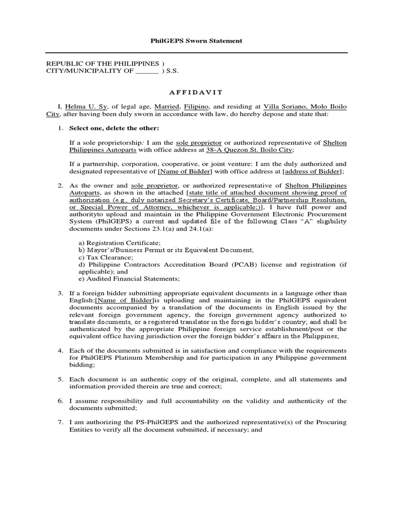 PhilGEPS Sworn Statement - 1102 | PDF | Sole Proprietorship ...