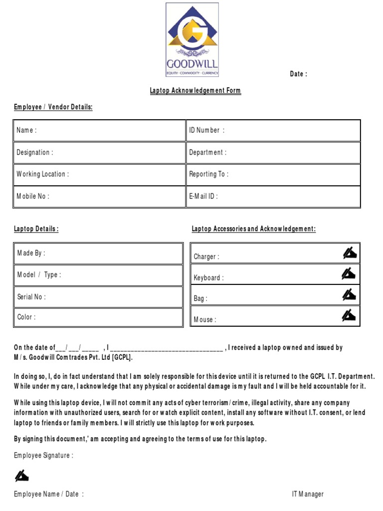 Laptop Acknowledgement Form | PDF